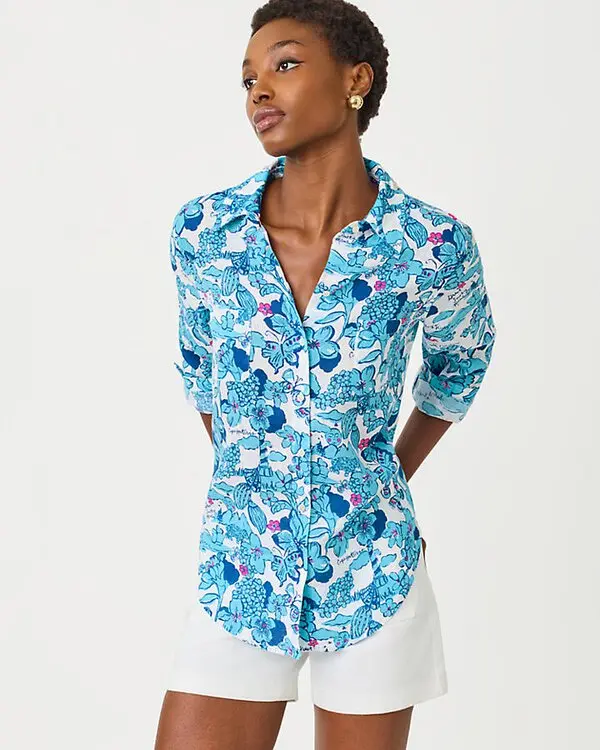 LILLY PULITZER Sea View Linen Button-down Shirt - Capri Blue North Carolina Destination