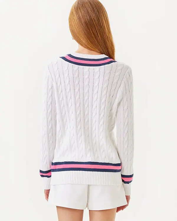 LILLY PULITZER Cable Knit V-neck Cotton Sweater - Resort White X Rousseau Pink Tipping