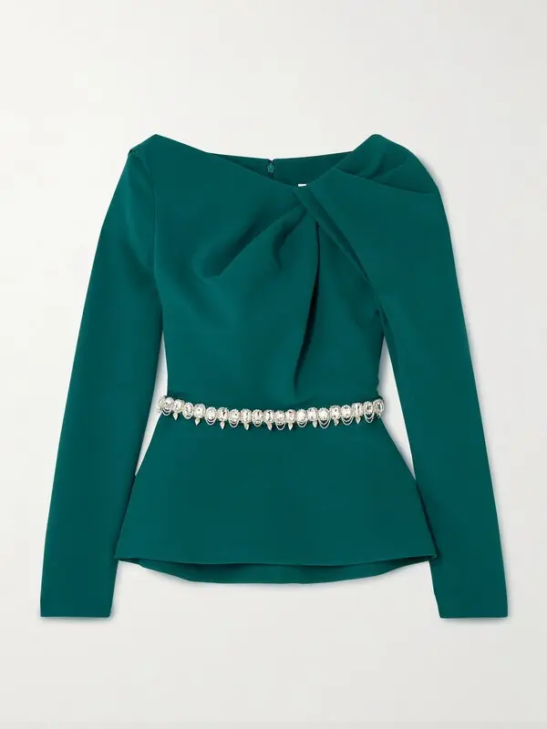 Safiyaa Manya Belted Draped Crystal-embellished Stretch-crepe Peplum Blouse - Blue