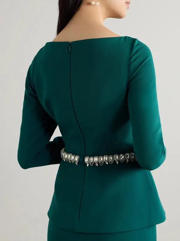 Safiyaa Manya Belted Draped Crystal-embellished Stretch-crepe Peplum Blouse - Blue