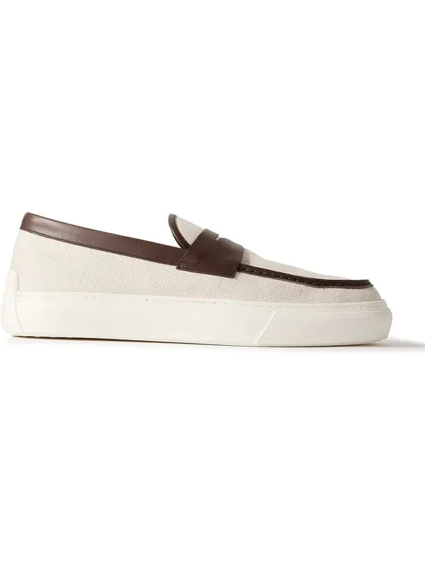 Tod'S Leather-Trimmed Canvas Penny Loafers In Neutrals 50% Off