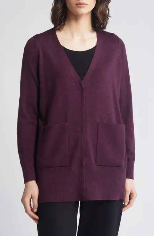 Eileen Fisher V-Neck Snap Front Wool Cardigan In Blackberry - 55