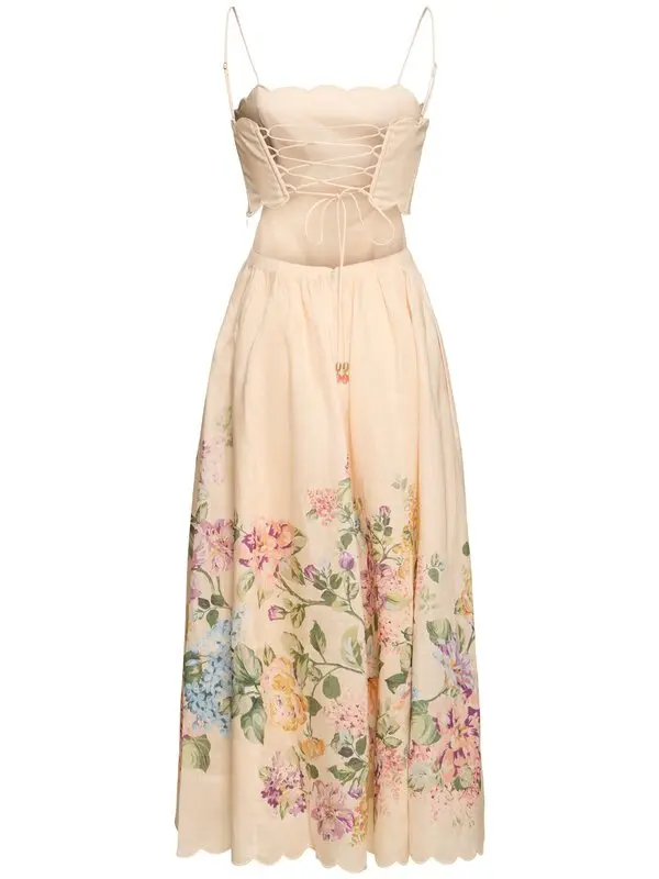 knee length dresses for ladies Zimmermann Halliday Scallop Midi Dress in Cream Watercolour Floral Siz main image 0