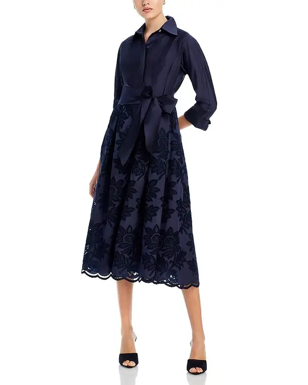 Rickie Freeman For Teri Jon Floral Eyelet Midi Dress - Navy