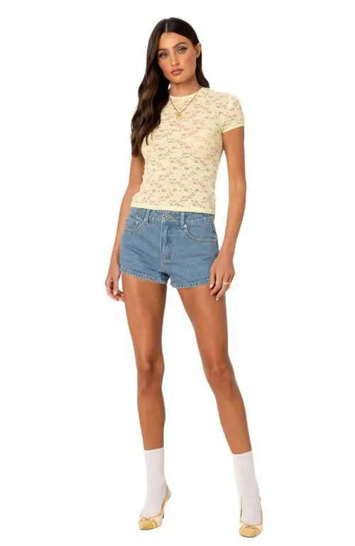 EDIKTED Kaori Sheer Lace T-shirt - Yellow