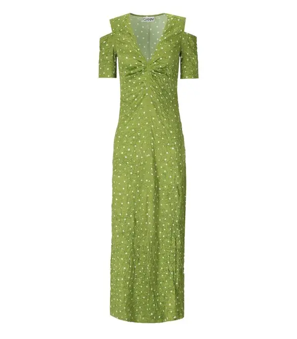 Ganni Long Polka Dot Dress - Green | Editorialist