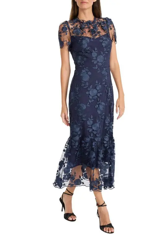 Maggy London Embroidered Floral Overlay Cocktail Dress In Twilight Navy -  60% Off