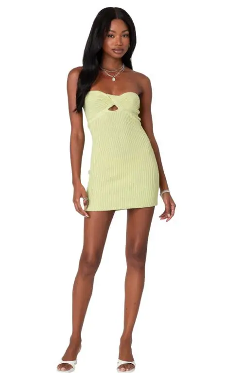 EDIKTED Strapless Twist Front Mini Sweater Dress