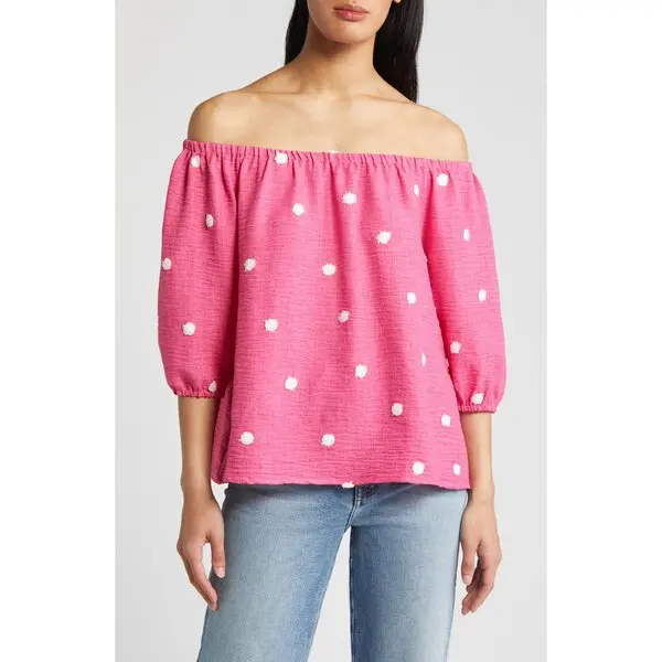 Loveappella Polka Dot Off-the-shoulder Top - Fuchsia