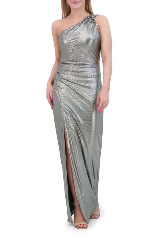 knee length dresses for ladies Mac Duggal Pleated Metallic Tiered Ruffle One Shoulder Gown main image 0