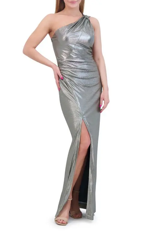 sachin and babi light blue dress Vince Camuto Draped Asymmetric Gown In Navy main image 0