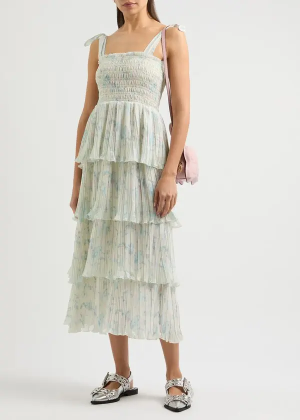GANNI Printed Plissé Georgette Midi Dress