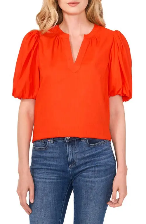 CECE DUPRAZ Puff Sleeve Poplin Popover Top - Tigerlily Red