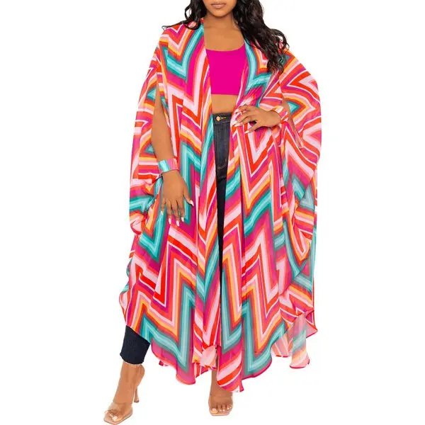 BUXOM COUTURE Chevron Print Chiffon Robe With Wrist Bands - Pink Multi