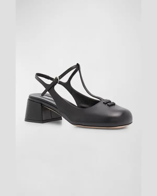 Miu Miu Leather T-Strap Slingback Pumps - Nero | Editorialist