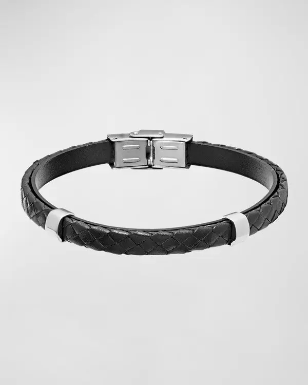 LINK UP Stainless Steel And Braided Leather Bracelet - Black