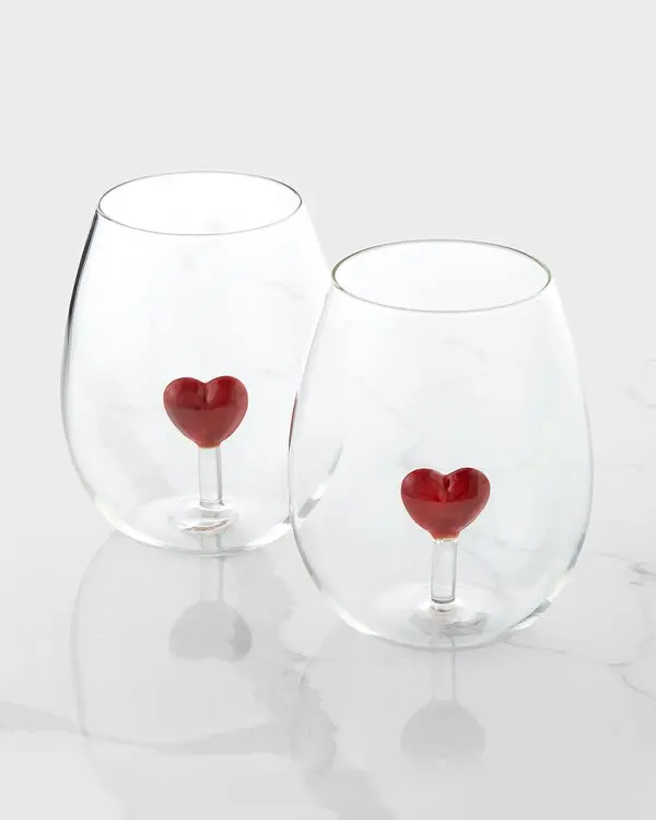 Neiman Marcus Red Heart Stemless Wine Glasses, Set Of 2 - One-color