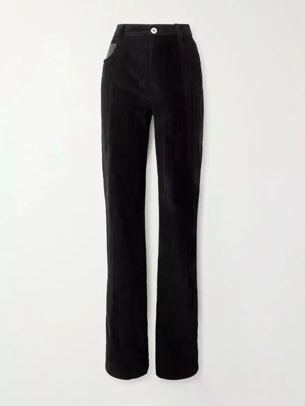 Bottega Veneta Leather-trimmed Cotton-corduroy Straight-leg Trousers - Blue