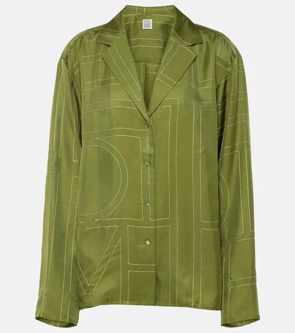 TOTEME Monogram Silk Twill Pajama Shirt - Green