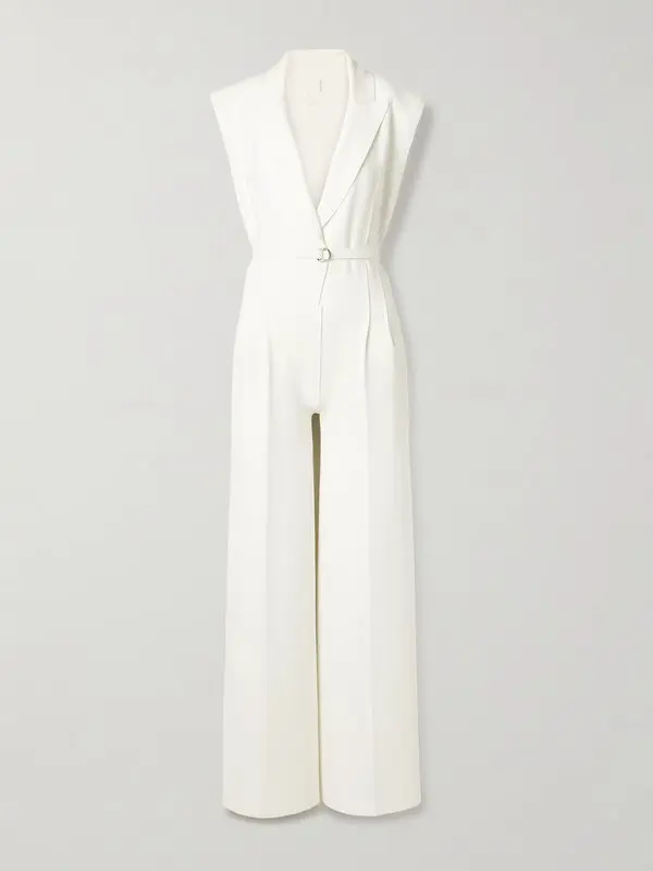 Norma Kamali Belted Pleated Jersey Jumpsuit - White