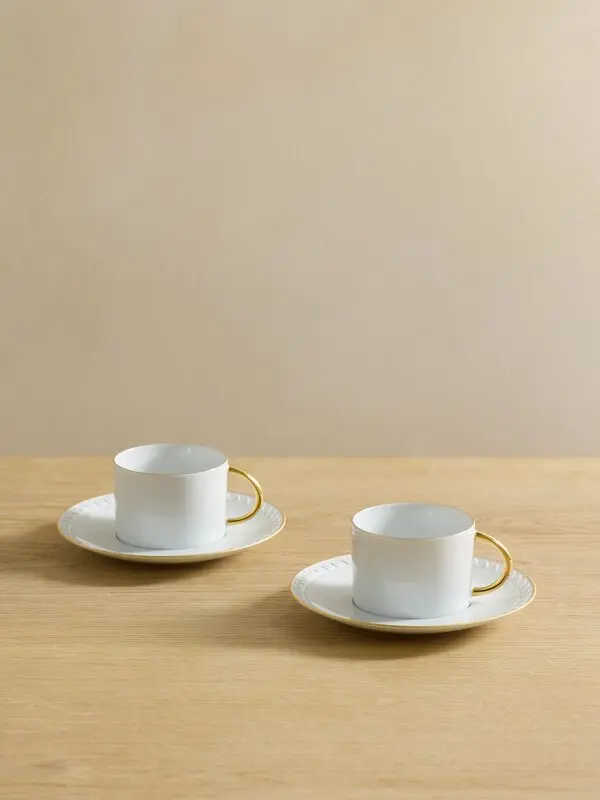 L'Objet Neptune Set Of Two Gold-plated Porcelain Tea Cups And Saucers - White
