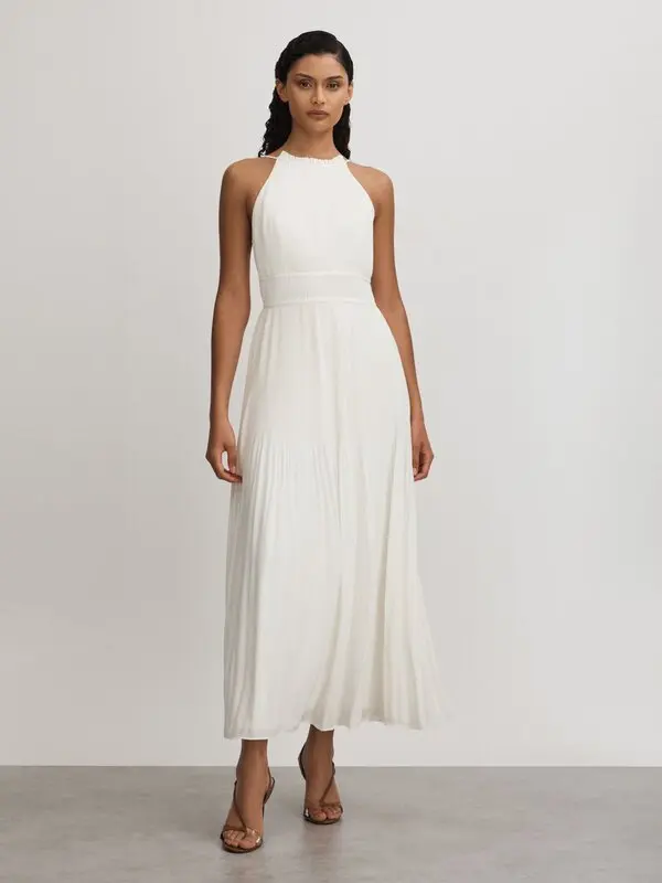 AMUR Plisse Halter Neck Maxi Dress