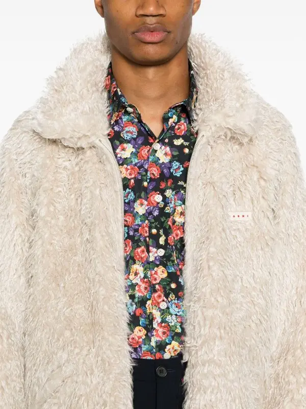 Marni Logo-patch Faux-shearling Jacket - Neutrals