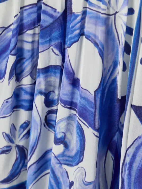 Farm Rio Garden Tiles Cutout Gathered Printed Satin Midi Dress In Blue -  50% Off