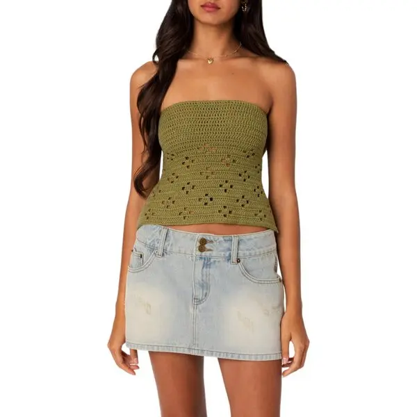 EDIKTED Niki Openwork Strapless Top - Olive