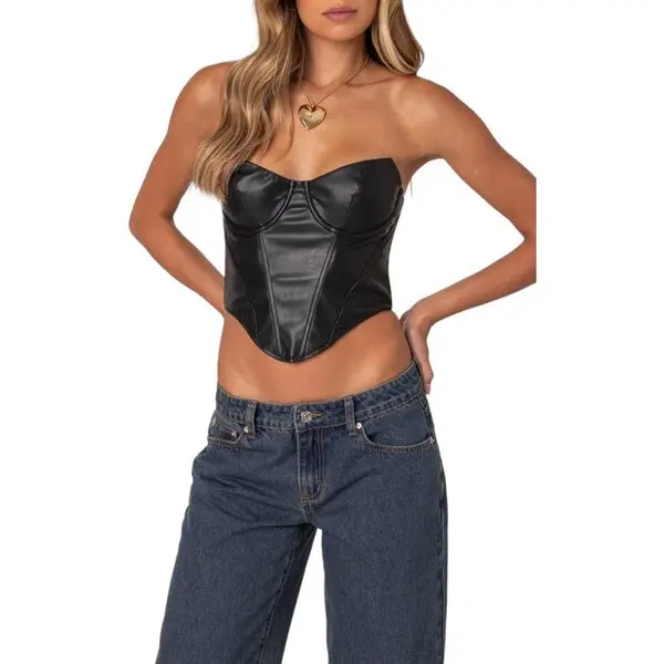 EDIKTED Aberdeen Faux Leather Strapless Crop Top