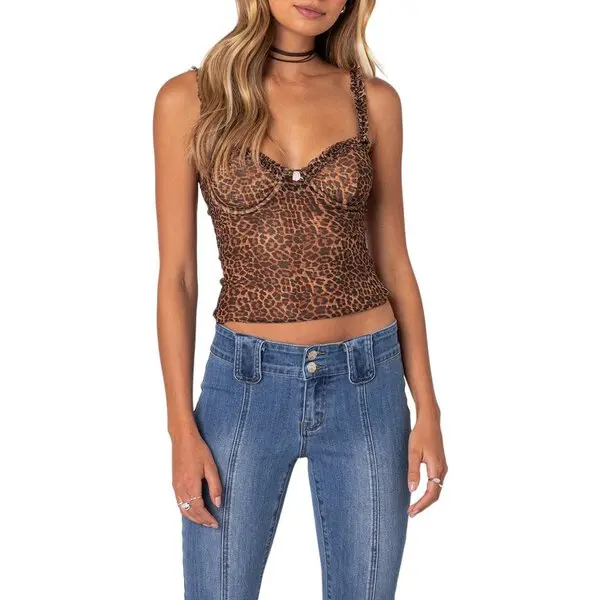 EDIKTED Lidia Print Sheer Mesh Bra Top - Leopard