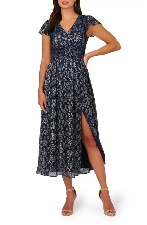 Adrianna Papell Metallic Crinkle Midi Dress In Navy/ Silver - 40% Off |  Editorialist