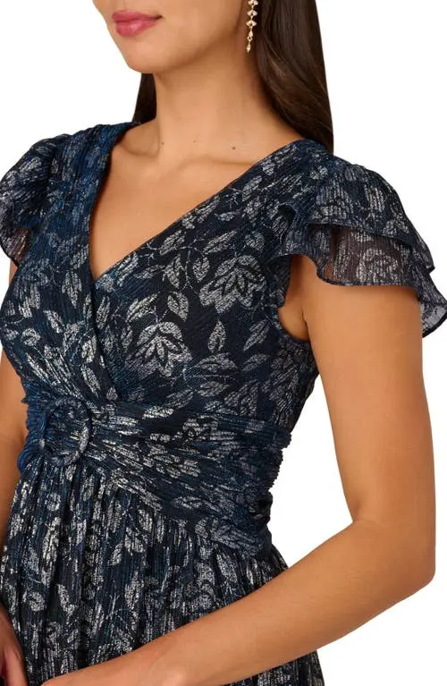 Adrianna Papell Metallic Crinkle Midi Dress In Navy/ Silver - 40% Off |  Editorialist