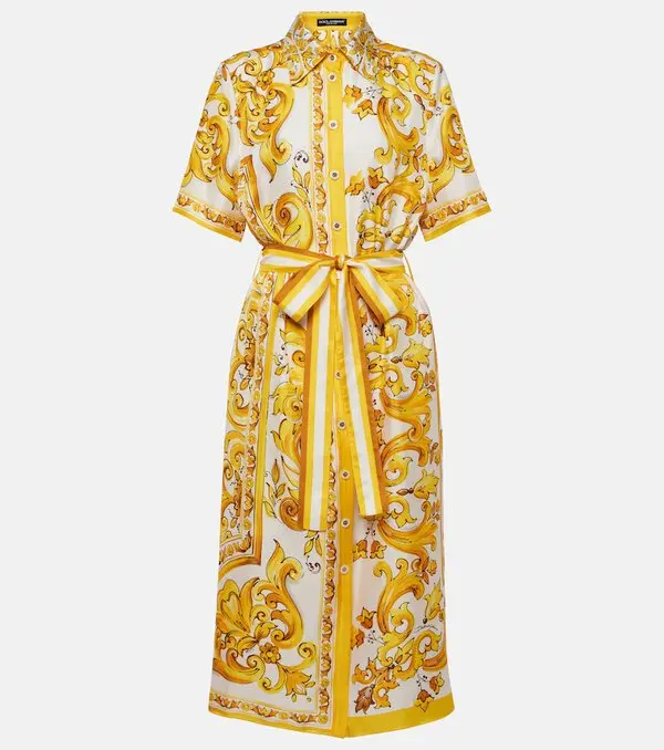 Dolce & Gabbana Majolica Printed Silk Shirt Dress - Yellow