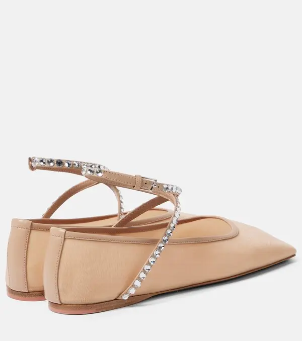 Amina Muaddi Embellished Mesh Ballet Flats - Beige