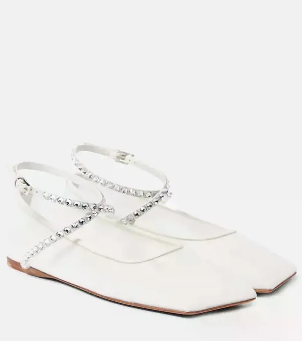 Amina Muaddi Embellished Mesh Ballet Flats - White