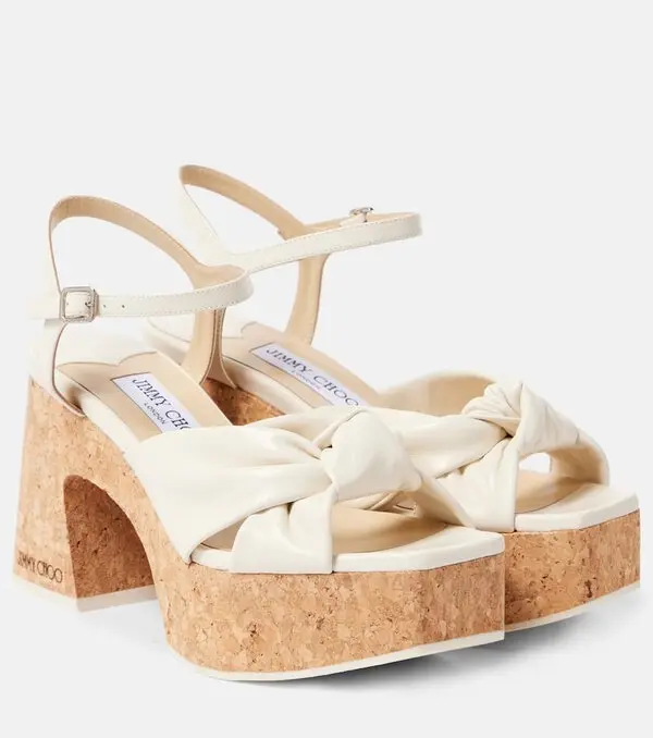 JIMMY CHOO Heloise 95 Leather Platform Sandals - White