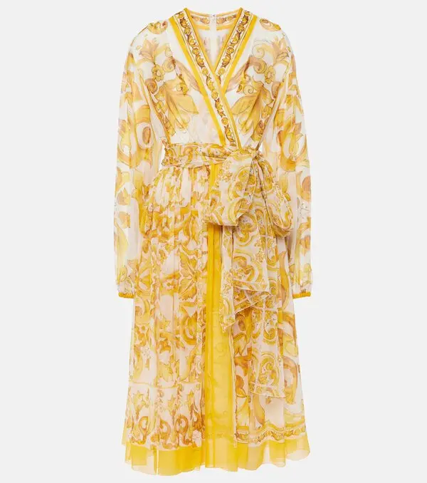 Dolce & Gabbana Majolica Silk Chiffon Midi Dress - Yellow