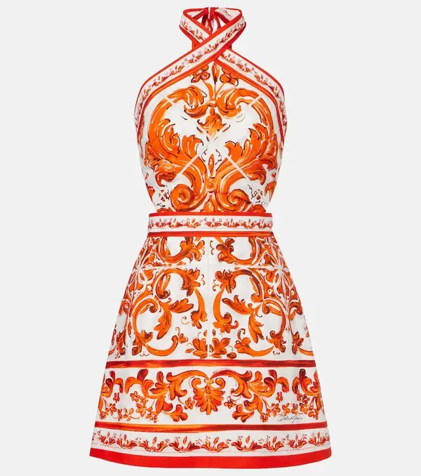Dolce & Gabbana Majolica Print Cotton Poplin Mini Dress - Orange