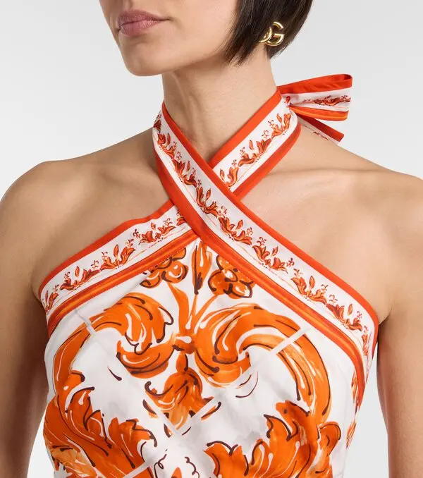 Dolce & Gabbana Majolica Print Cotton Poplin Mini Dress - Orange