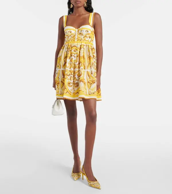 Dolce & Gabbana Majolica Print Cotton Poplin Mini Dress - Yellow