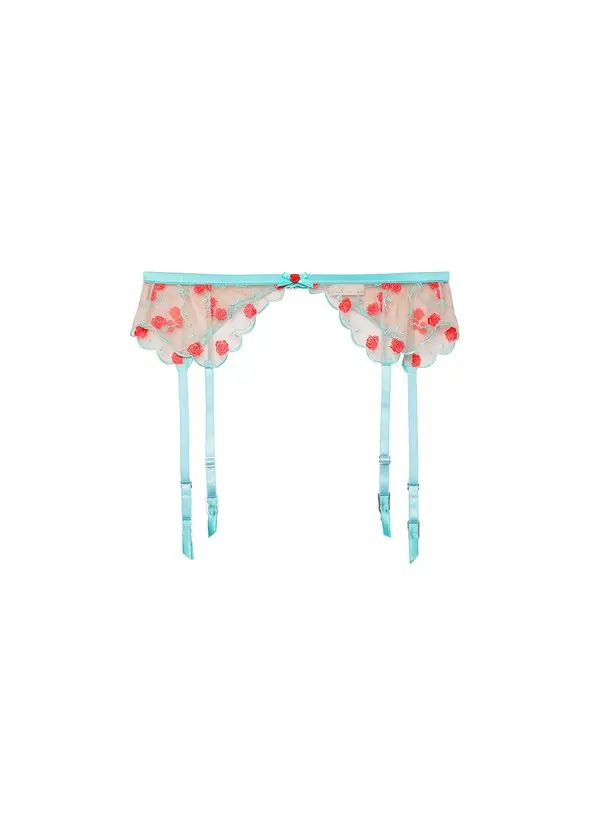 Fleur Du Mal Rose & Vine Embroidery Garter Belt - Bright Jade