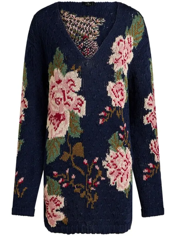 Etro Floral-jacquard Cotton Jumper - Blue