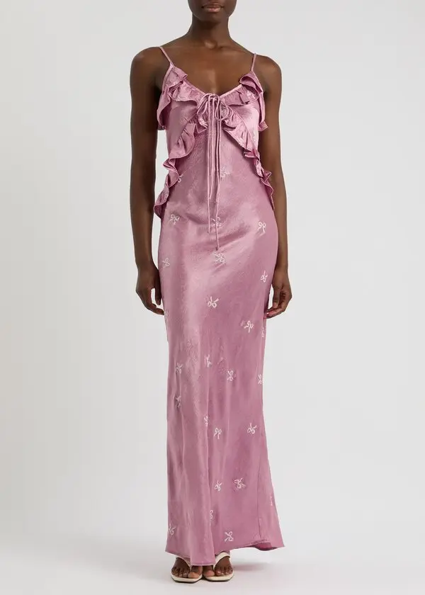 Damson Madder Kiki Bow-Embroidered Satin Maxi Dress - Pink | Editorialist