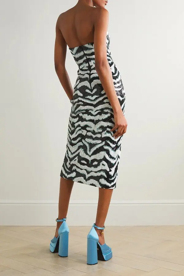 Halpern Strapless Sequined Zebra-print Tulle Midi Dress