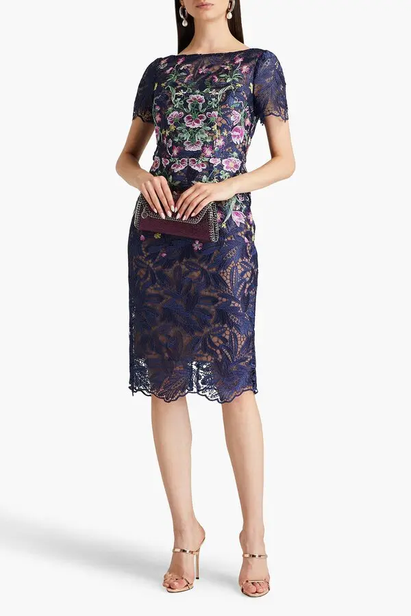 Buy Marchesa Embroidered Macram Lace Dress - Navy At 64% Off | Editorialist