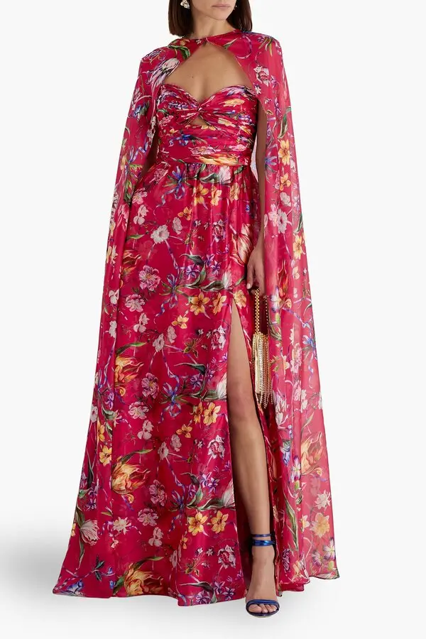 Marchesa Cape-effect Floral-print Charmeuse Gown - Crimson