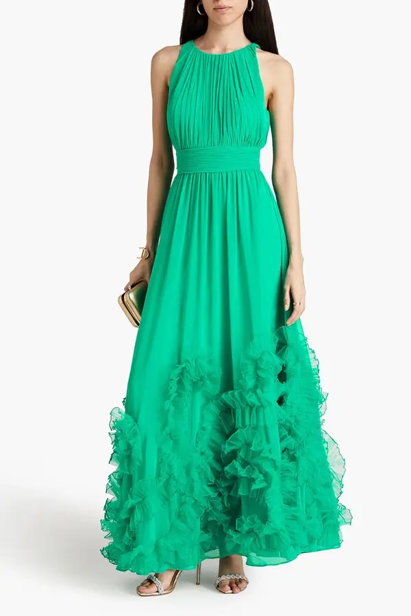 Badgley Mischka Ruffled Chiffon And Tulle Gown In Jade - 50% Off |  Editorialist