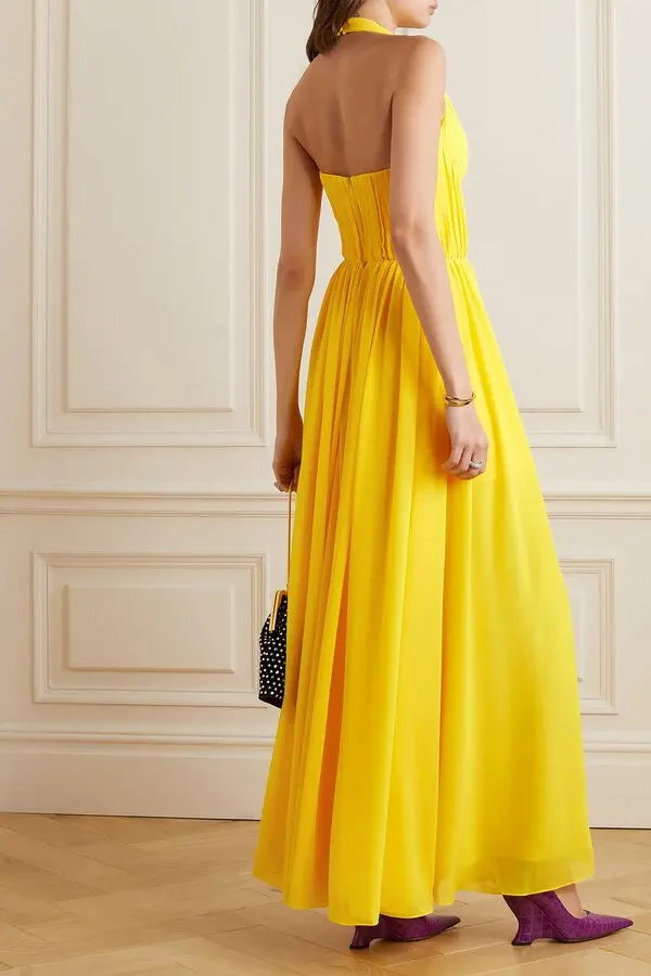Rasario Pleated Chiffon Halterneck Gown In Yellow 70% Off