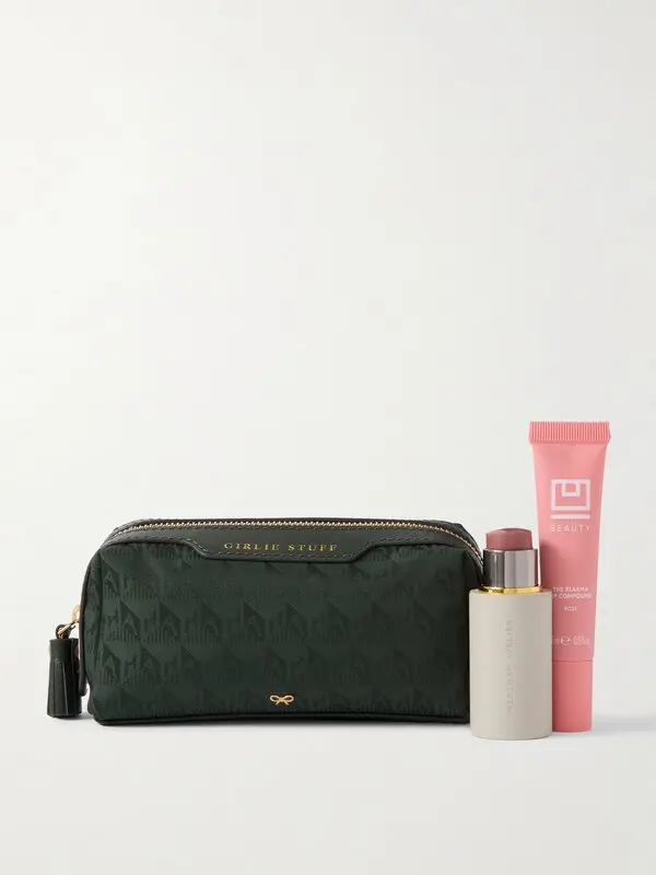 ANYA HINDMARCH Girlie Stuff Textured Leather-trimmed Econyl-jacquard Cosmetics Case - Green